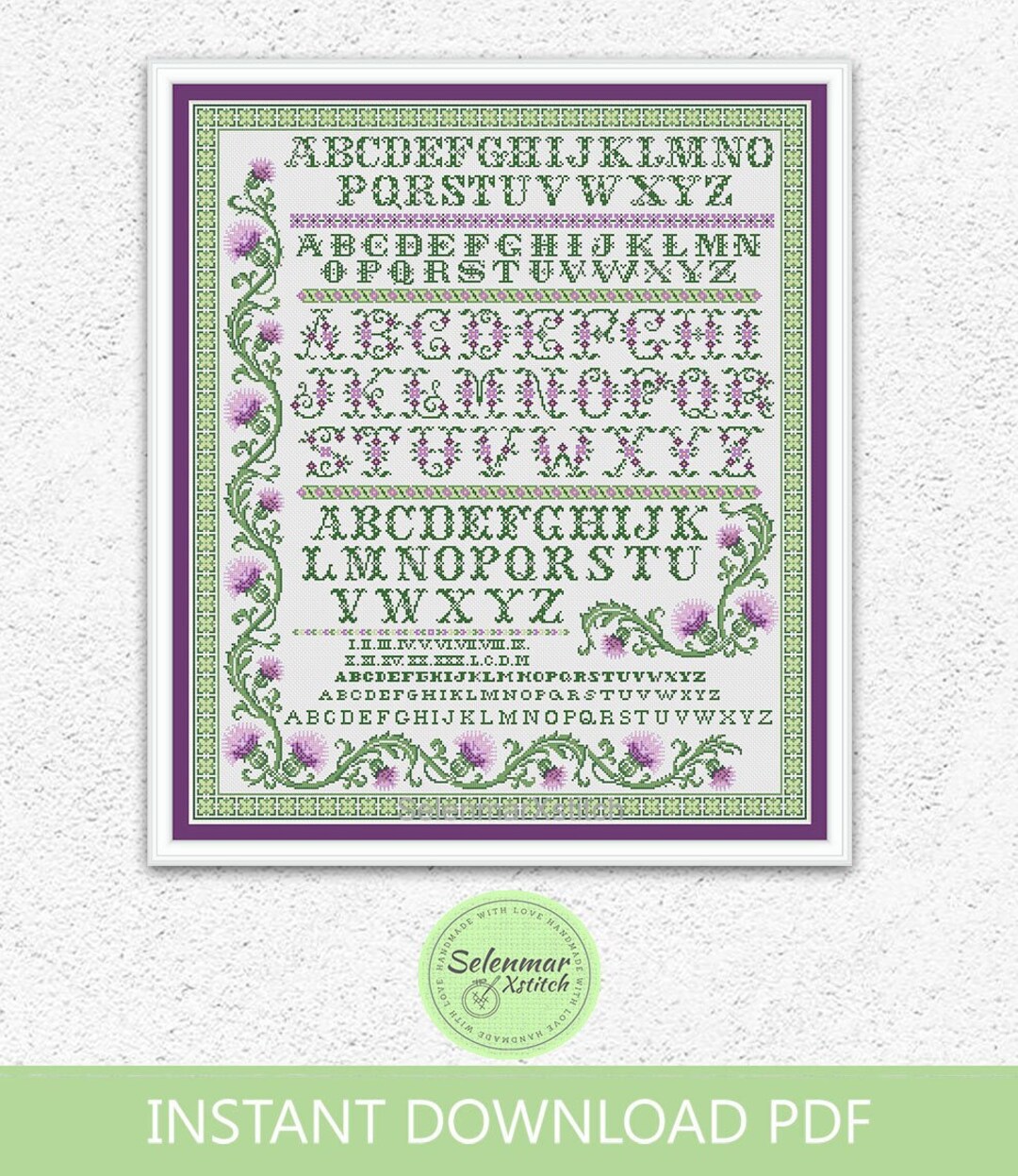 Scottish Thistle Cross Stitch Pattern Quaker Sampler Embroidery Flowers ...