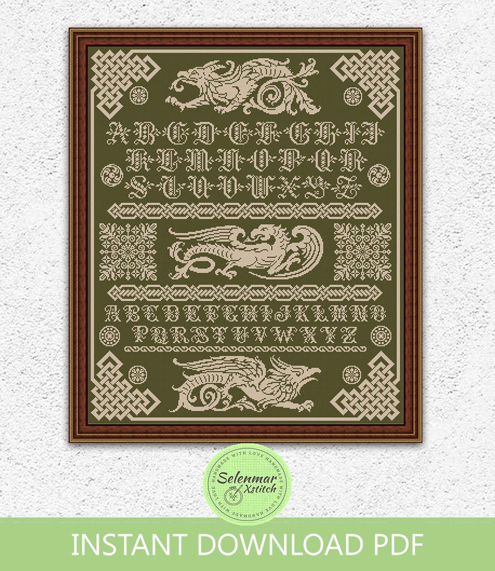 Monochrome Celtic Dragons Cross Stitch Pattern Quaker Sampler ...