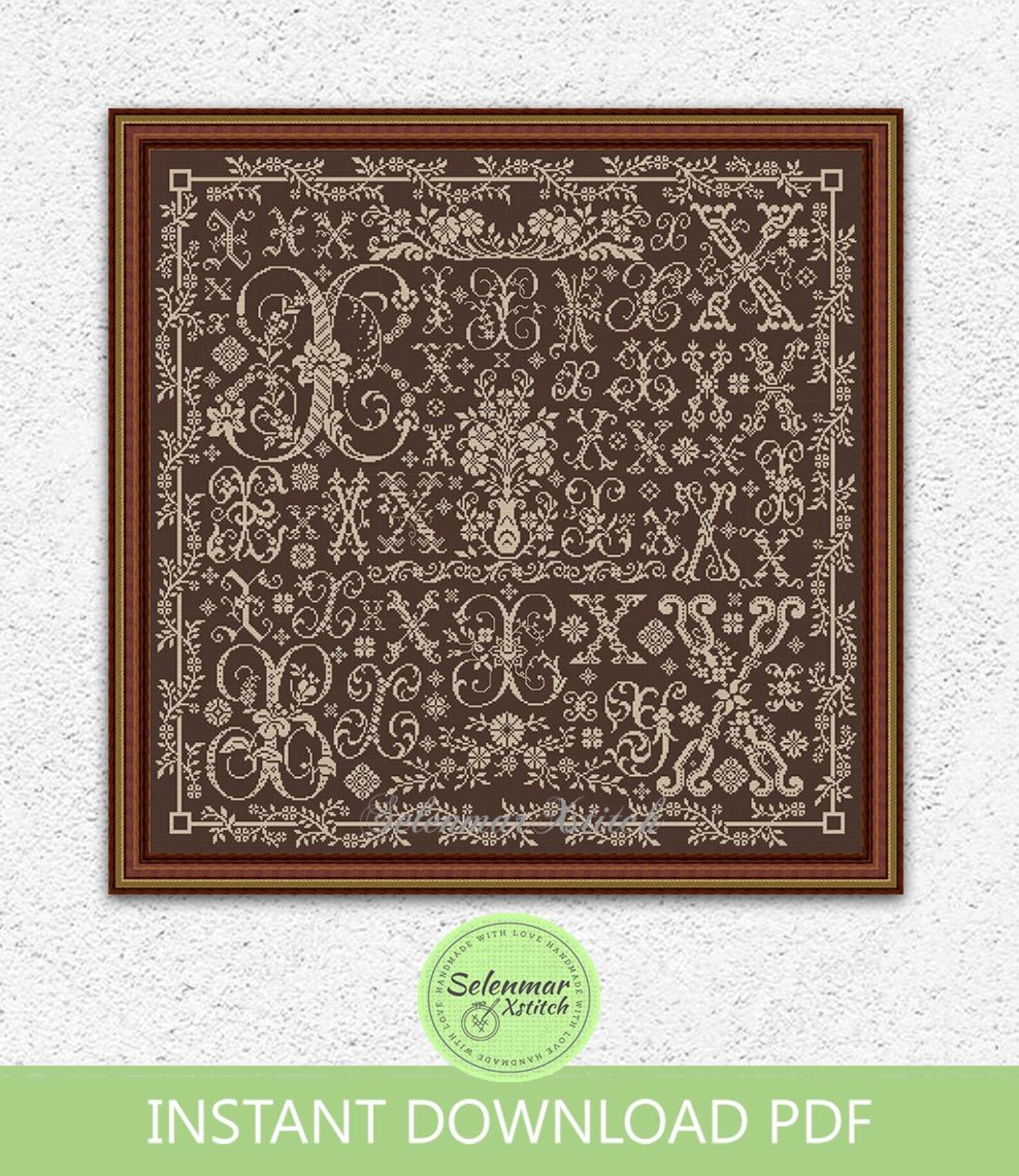 Monochrome Letter X Sampler Cross Stitch Pattern Floral Alphabet ...