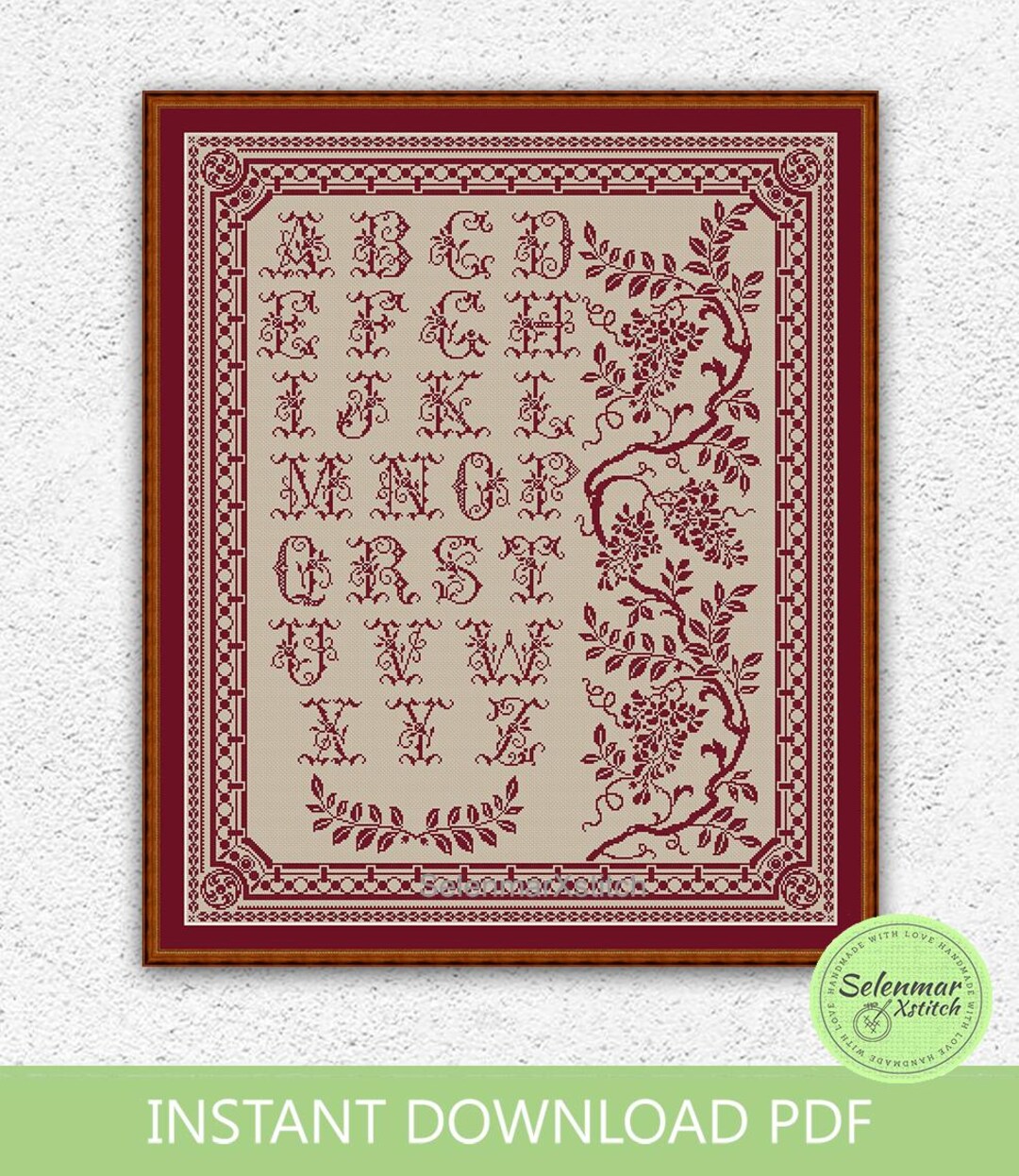 Monochrome Alphabet Sampler Cross Stitch Pattern Vintage Floral Letters ...