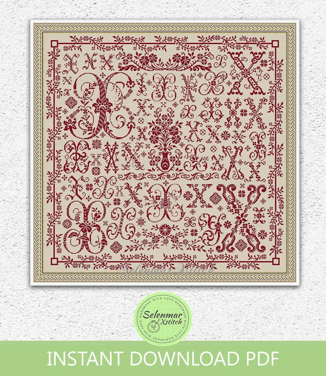 Floral Letter X Sampler Cross Stitch Pattern Monochrome Letter Cross ...
