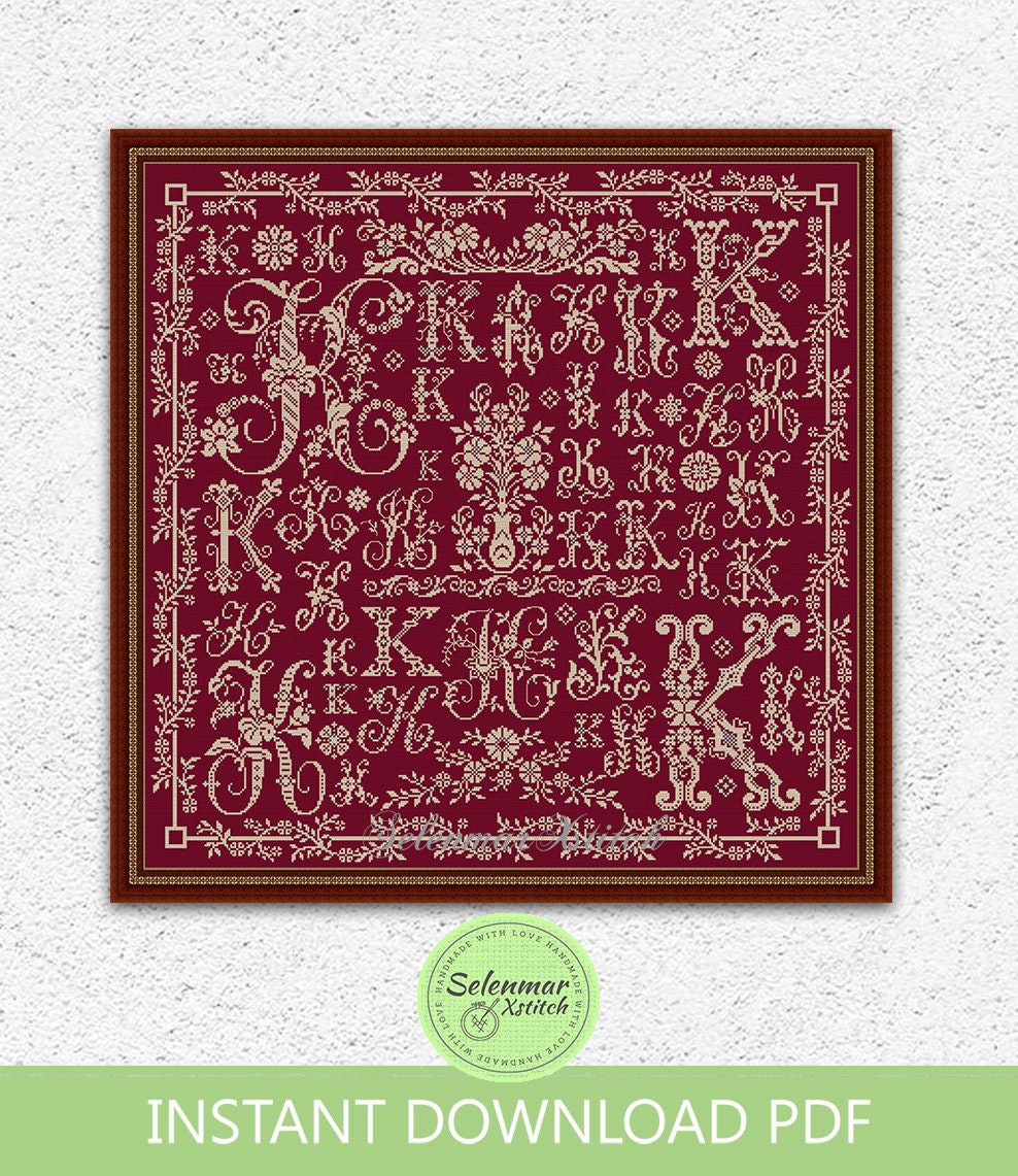 Monochrome Letter K Sampler Cross Stitch Pattern Flowers Alphabet ...