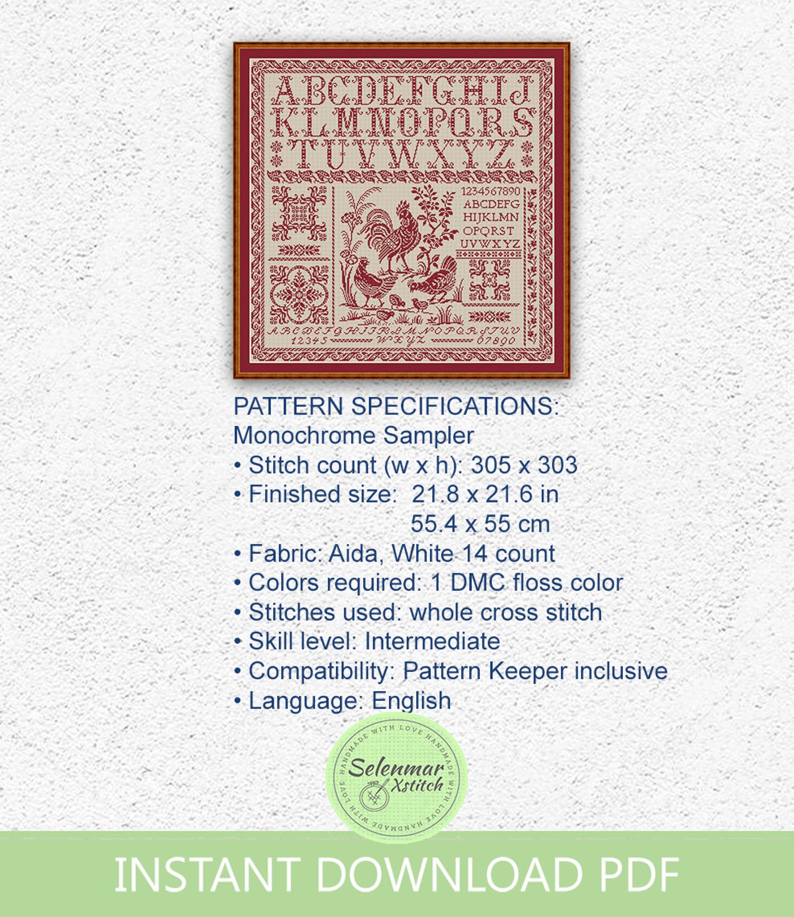 Quaker Sampler Cross Stitch Pattern Birds, Rooster, Hens, Chickens ...