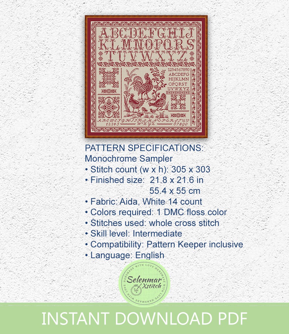 Quaker Sampler Cross Stitch Pattern Birds, Rooster, Hens, Chickens ...