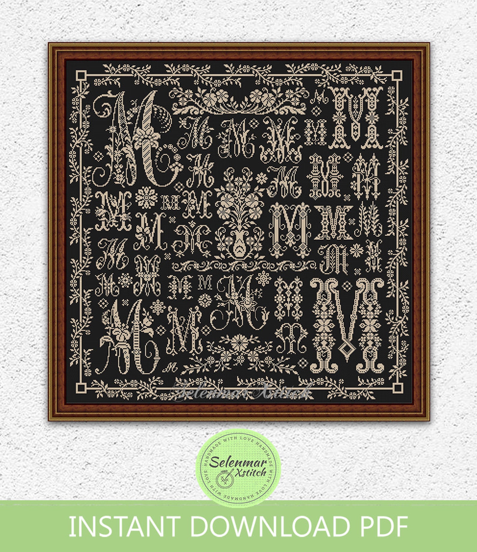 Monochrome Letter M Sampler Cross Stitch Pattern Floral Alphabet ...