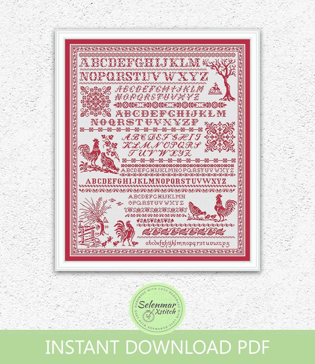 Country Quaker Sampler Cross Stitch Pattern Rooster Chicken Monochrome ...