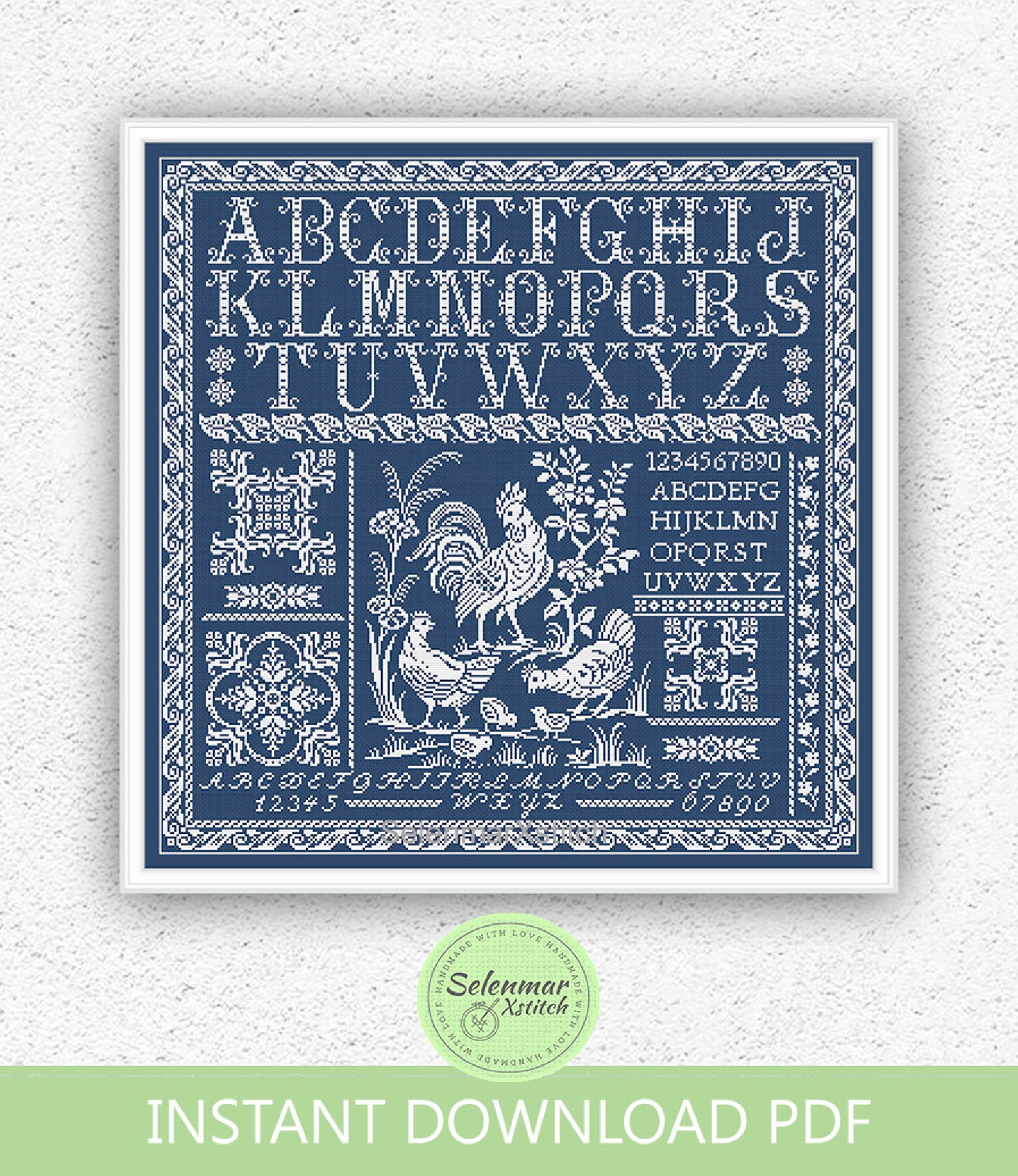 Quaker Sampler Cross Stitch Pattern Birds, Rooster, Hens, Chickens ...