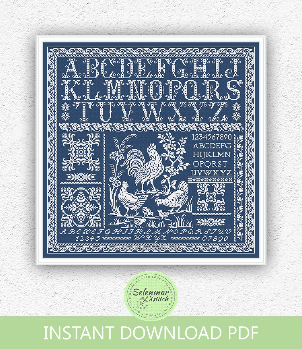 Quaker Sampler Cross Stitch Pattern Birds, Rooster, Hens, Chickens ...