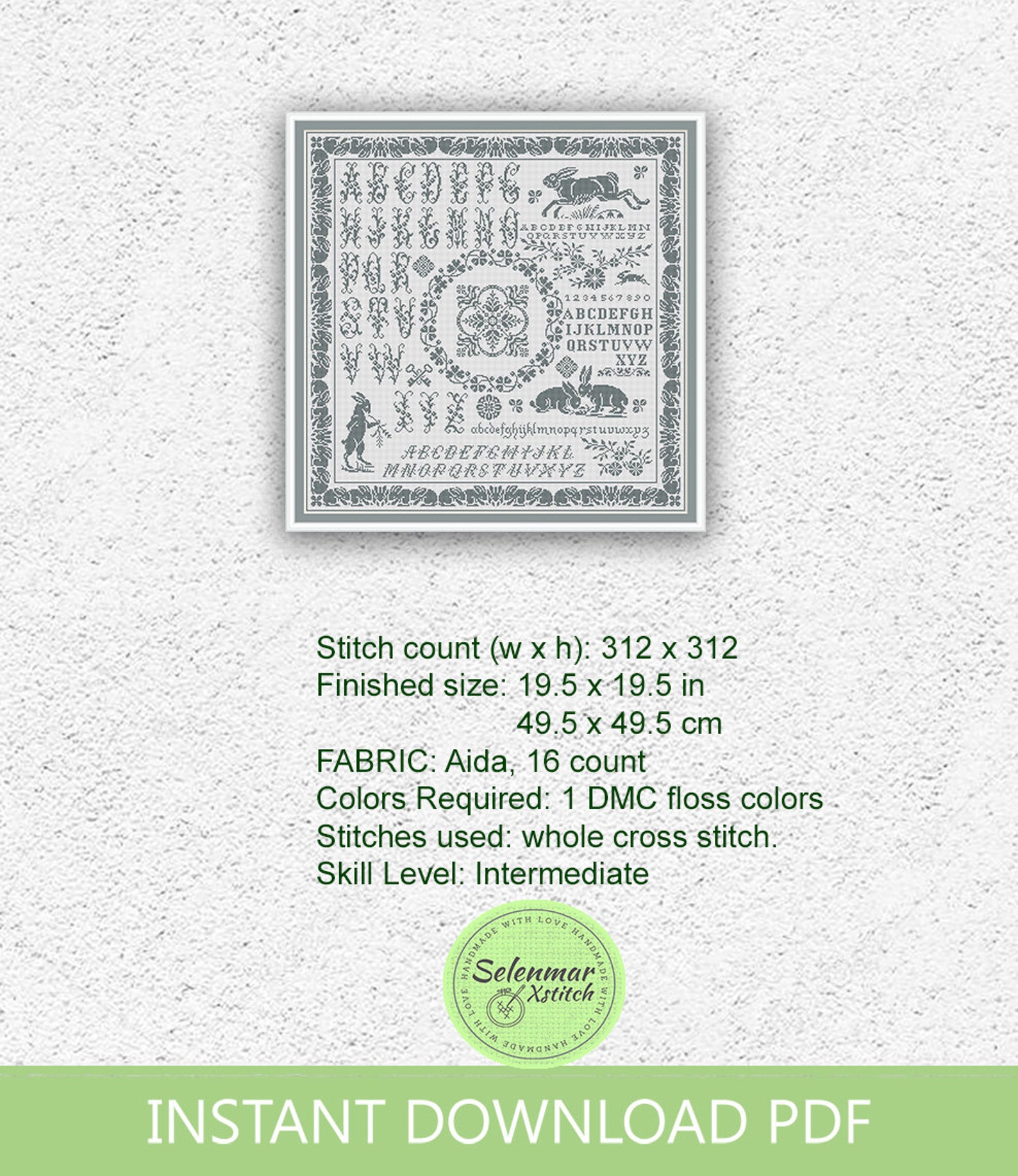 Monochrome Quaker Sampler Cross Stitch Pattern Bunny Rabbit - Etsy