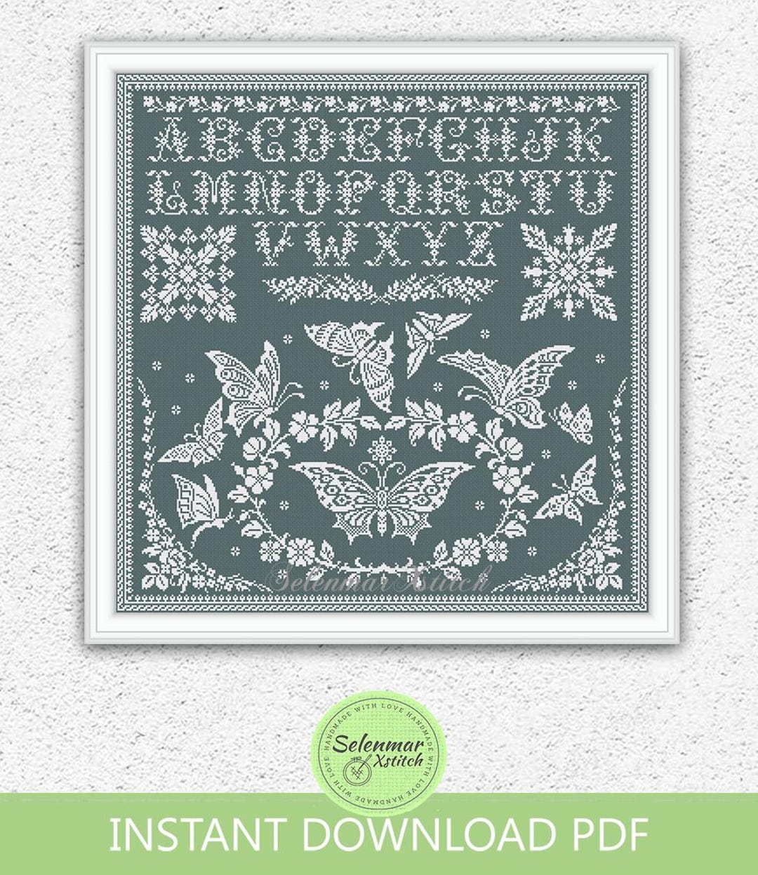 Monochrome Butterflies Quaker Sampler Cross Stitch Pattern Vintage ...