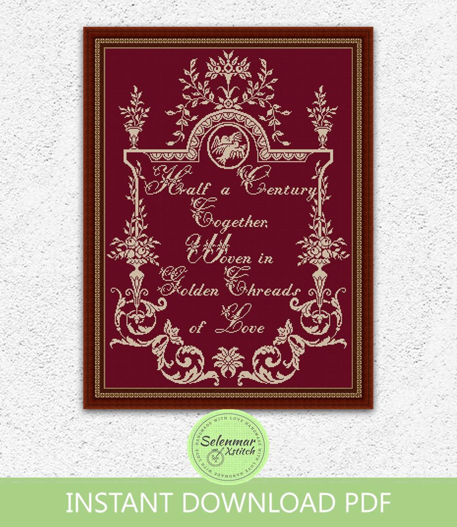 Golden Wedding Anniversary Cross Stitch Pattern Monochrome 50th Wedding ...