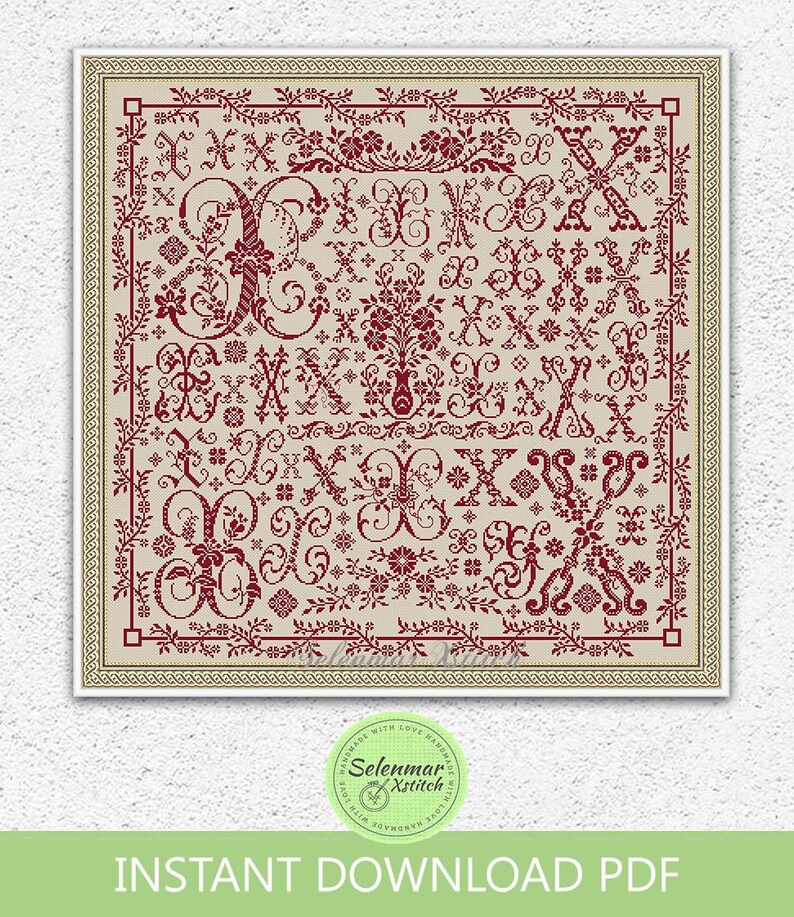 Monochrome Letter X Sampler Cross Stitch Pattern Floral Alphabet ...