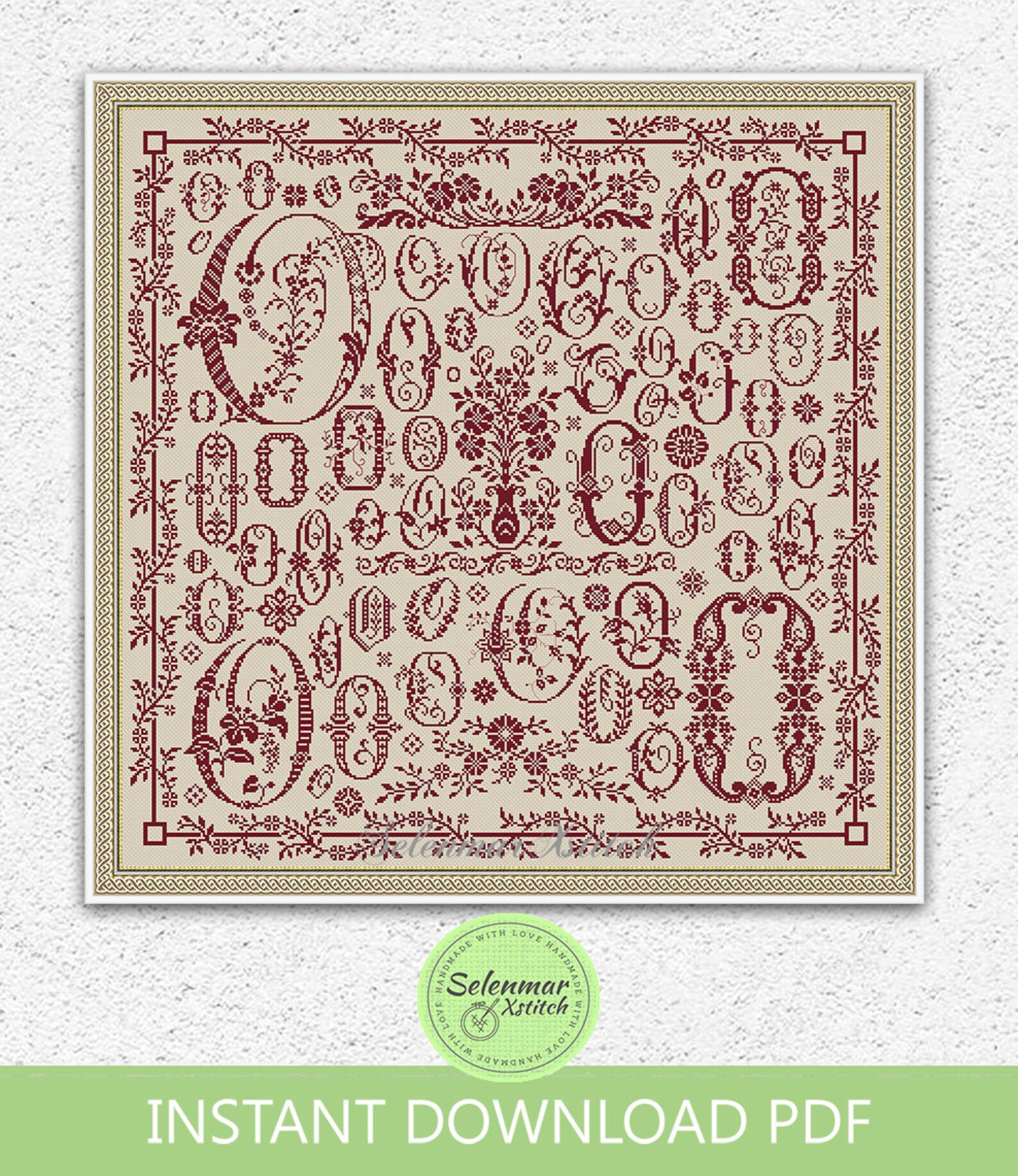 Monochrome Letter Cross Stitch Pattern Floral Capital Letter O Sampler ...