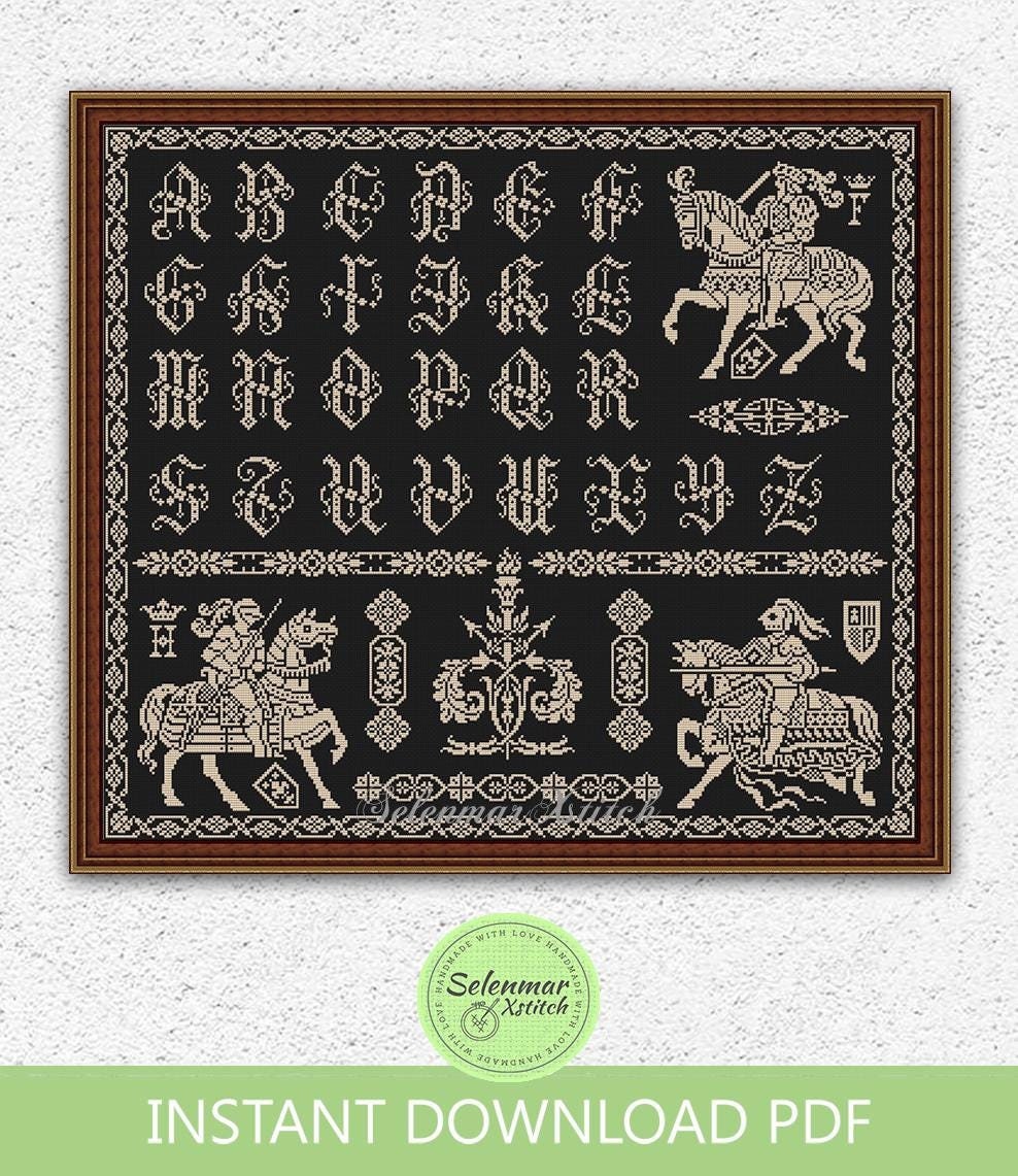 Medieval Quaker Sampler Cross Stitch Pattern Monochrome Knight Horsemen ...