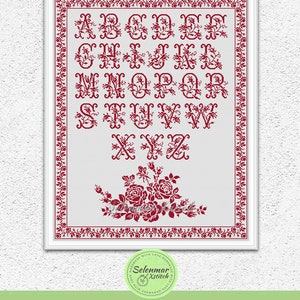 Monochrome Alphabet Sampler Counted Cross Stitch Pattern Roses Buds ...