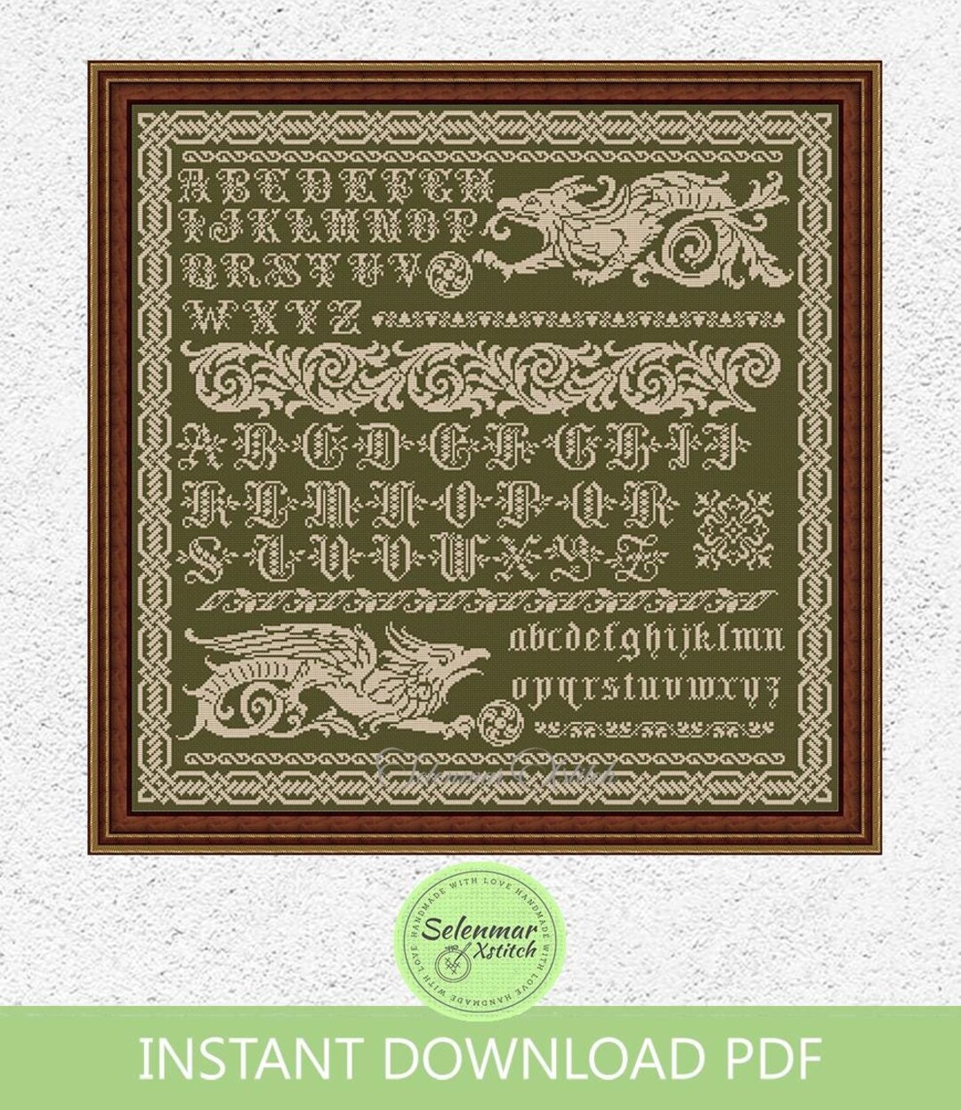 Dragons Quaker Sampler Counted Cross Stitch Pattern Monochrome Gothic ...