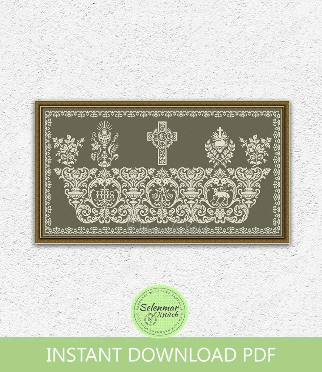 Monochrome Religious Cross Stitch Pattern Cross Sacred Heart Agnus IHS ...