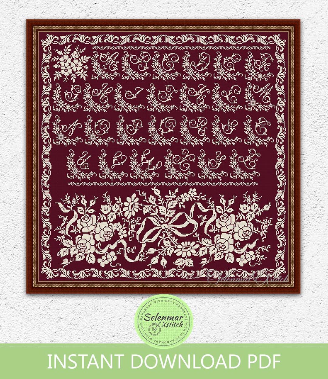 Monochrome Floral Alphabet Sampler Cross Stitch Pattern Vintage Letters ...