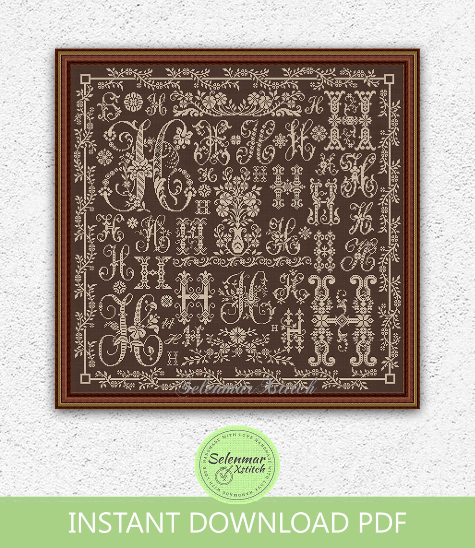 Monochrome Letter H Sampler Counted Cross Stitch Pattern Floral ...