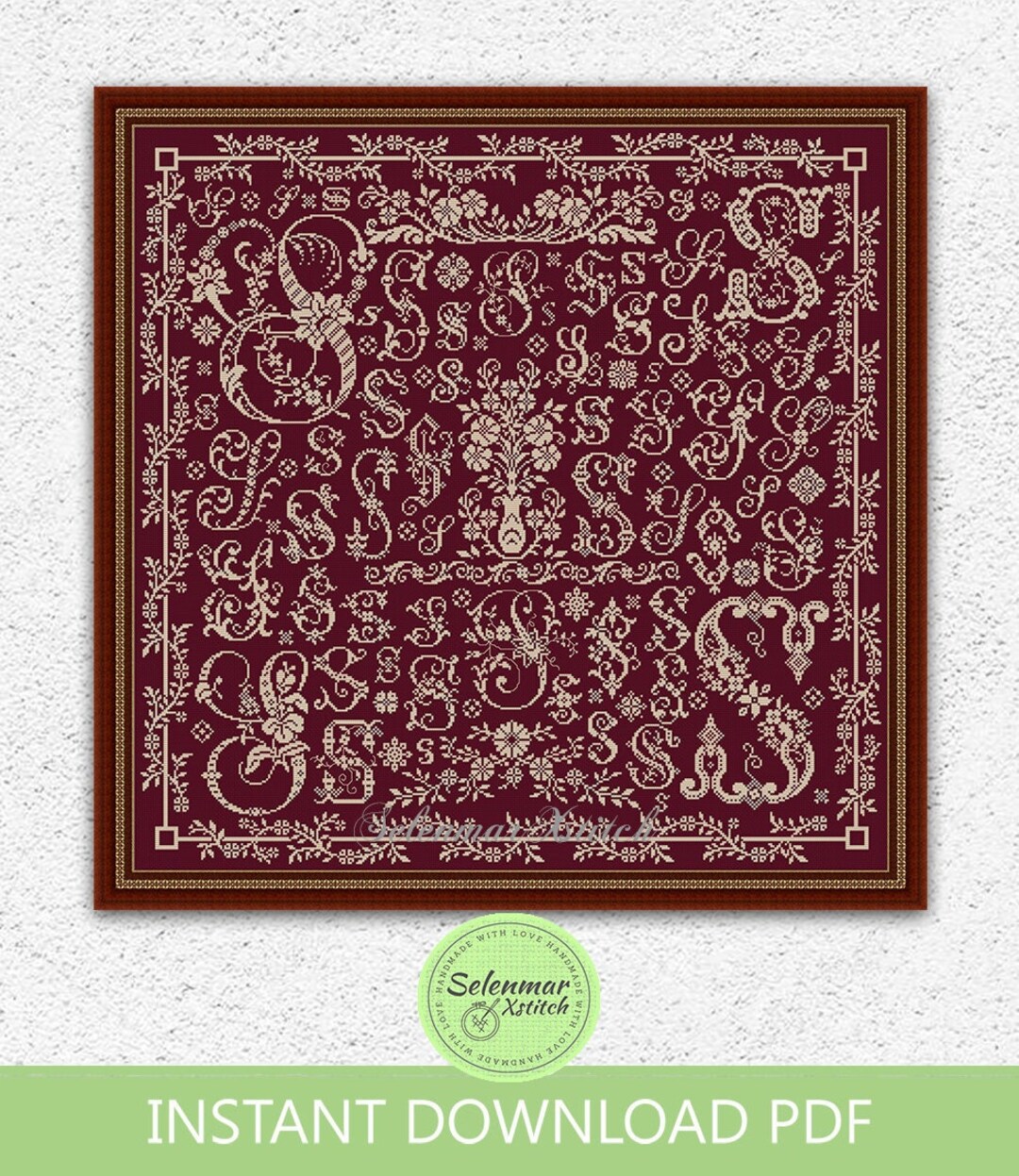 Floral Letter S Sampler Cross Stitch Pattern Monochrome Capital Letter ...