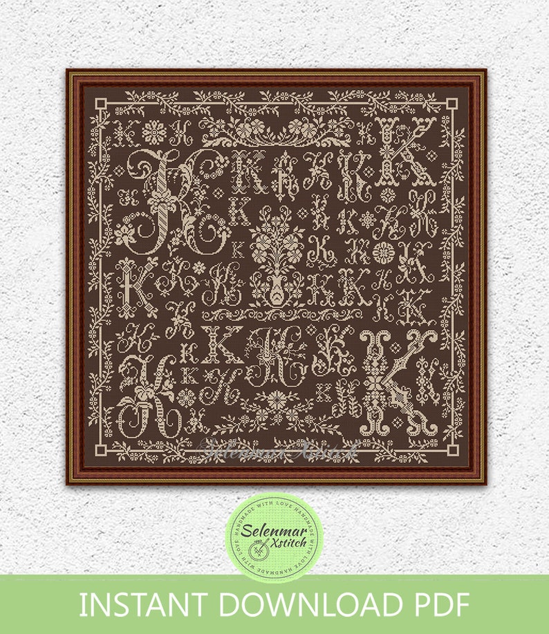 Monochrome Letter K Sampler Cross Stitch Pattern Flowers Alphabet ...