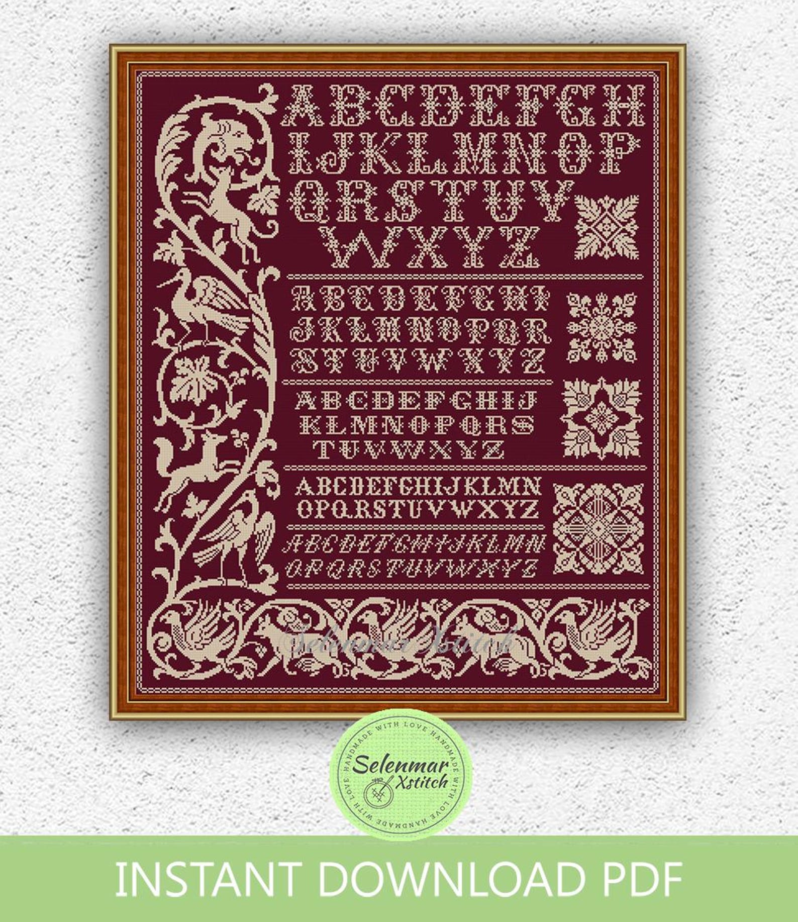 Fox and Crane Monochrome Cross Stitch Pattern Alphabet Sampler Quaker ...