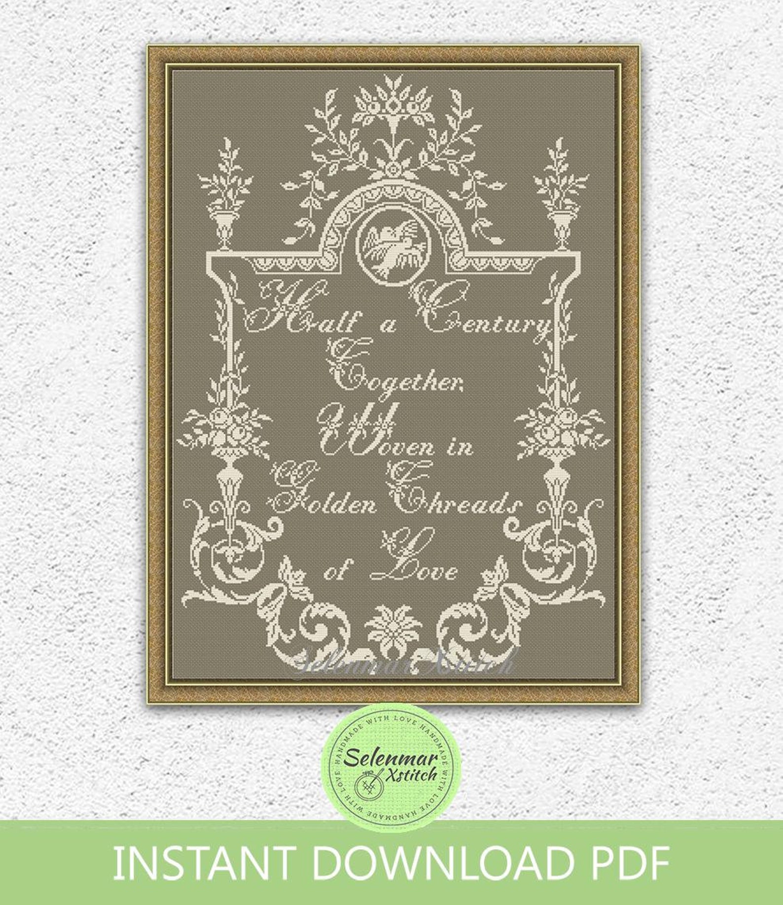 Golden Wedding Anniversary Cross Stitch Pattern Monochrome 50th Wedding ...
