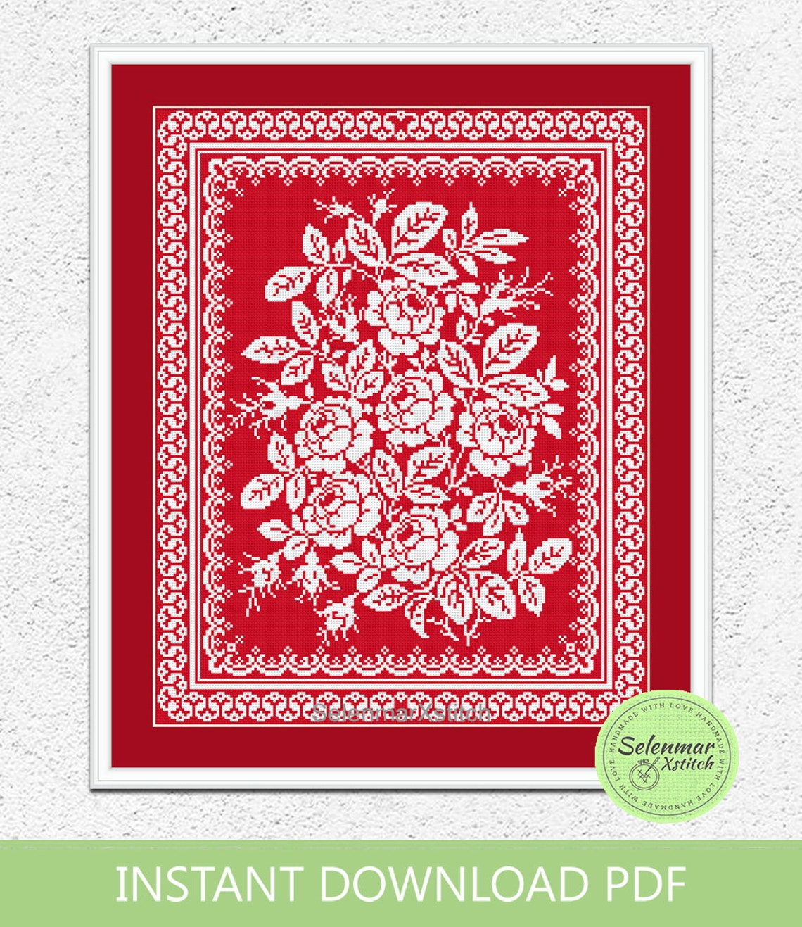 Rose Monochrome Cross Stitch Pattern Flowers Leaves Embroidery Design ...