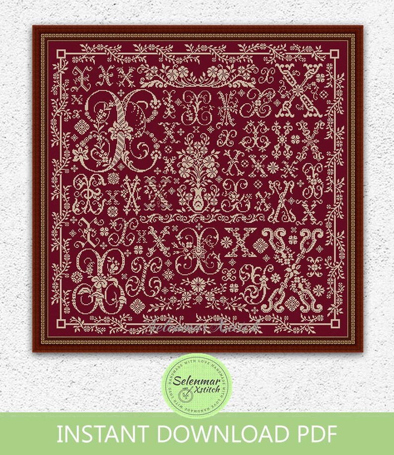 Monochrome Letter X Sampler Cross Stitch Pattern Floral Alphabet ...