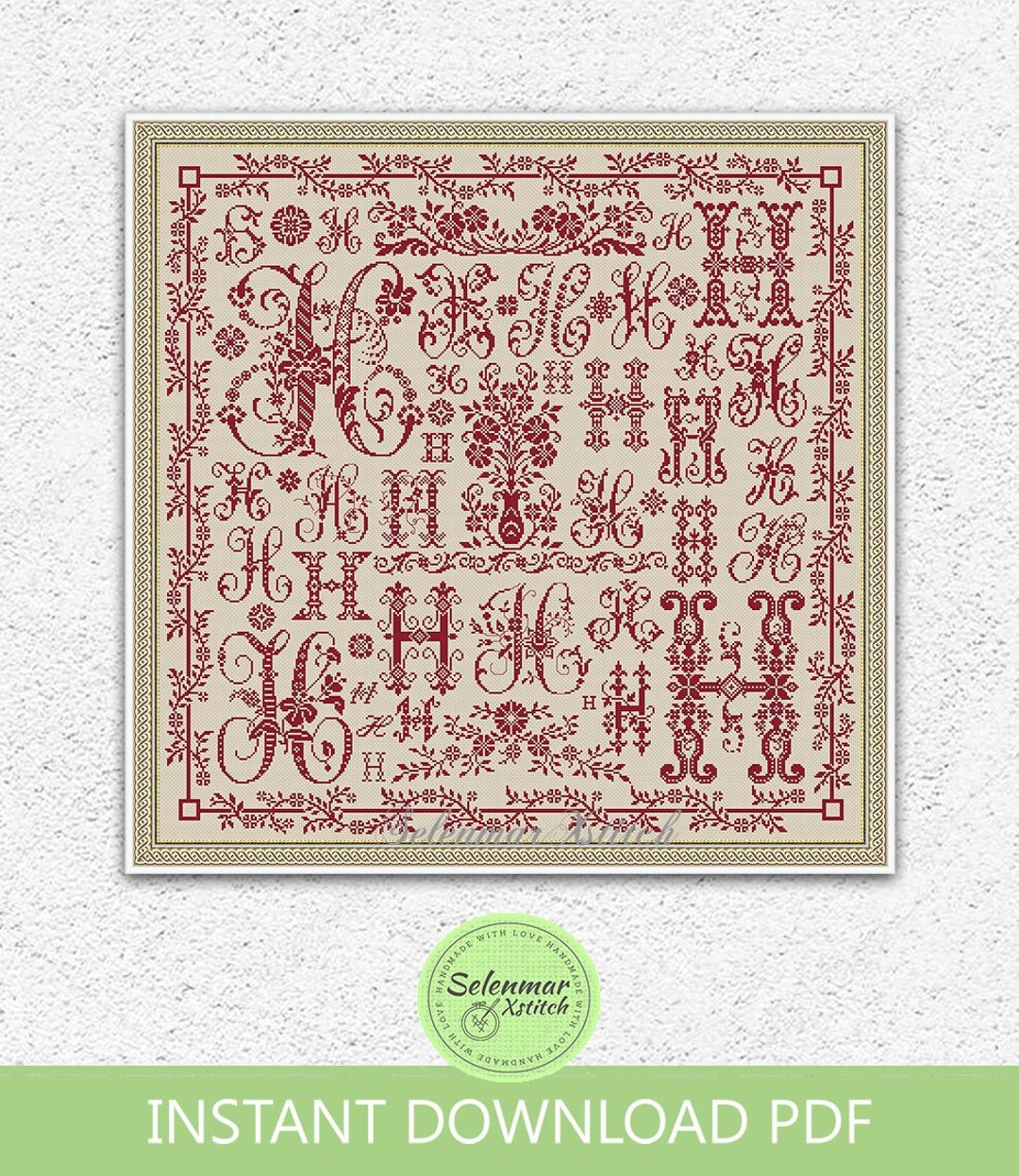 Floral Letter H Sampler Cross Stitch Pattern Monochrome Letter Cross ...