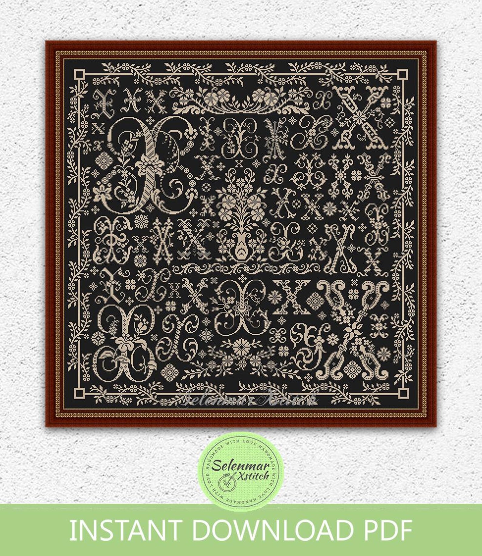 Monochrome Letter X Sampler Cross Stitch Pattern Floral Alphabet ...