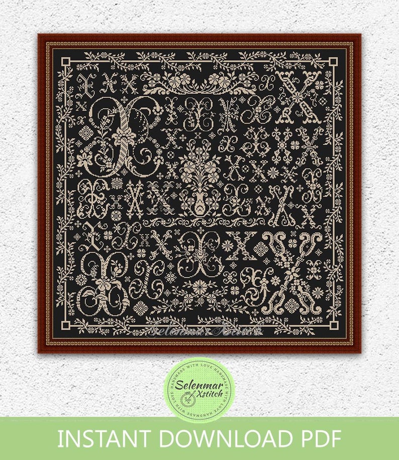 Monochrome Letter X Sampler Cross Stitch Pattern Floral Alphabet ...