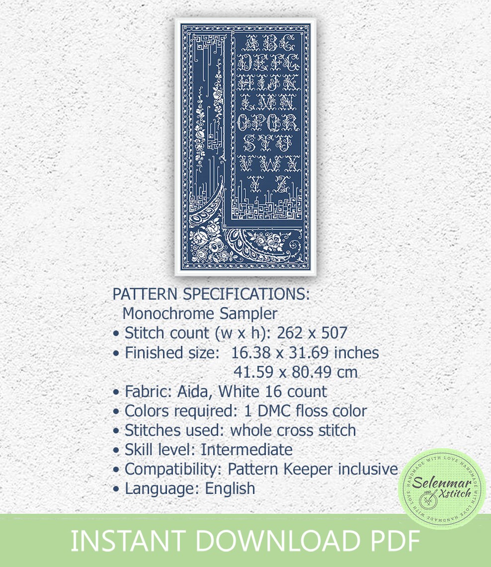 Roses Quaker Sampler Counted Cross Stitch Pattern Floral Alphabet ...