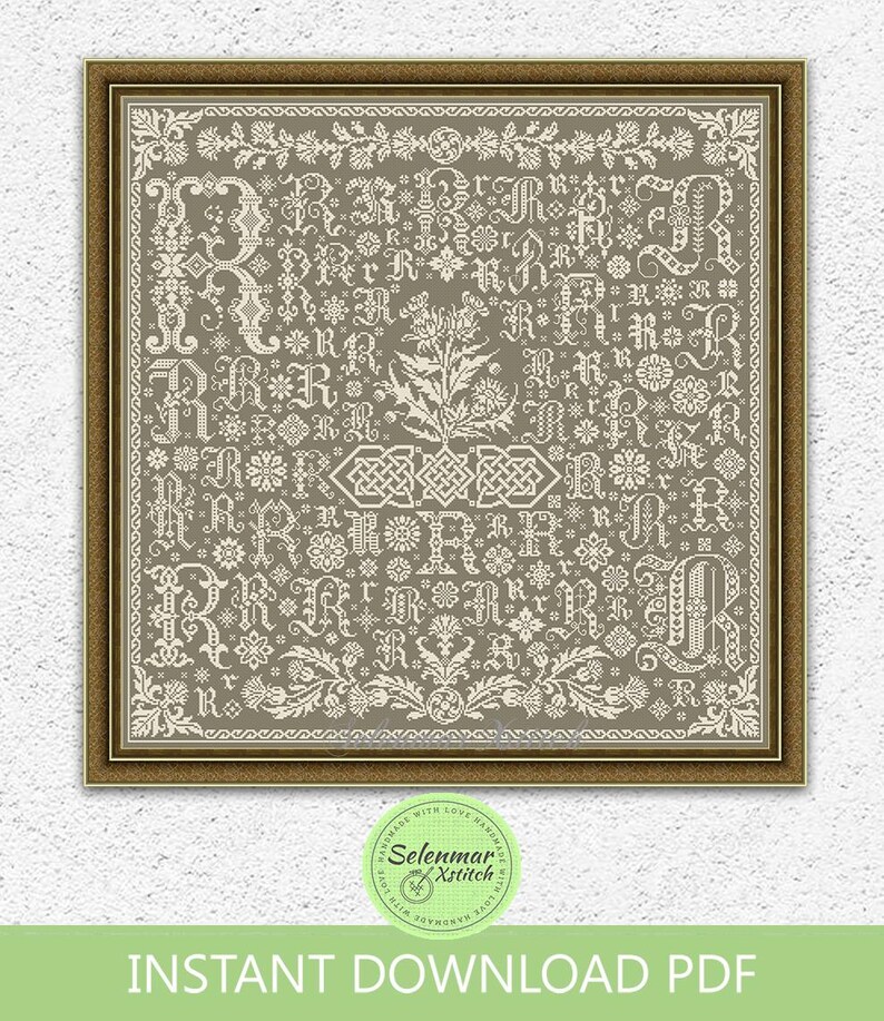 Monochrome Letter Cross Stitch Pattern Floral Letter R Sampler Vintage ...