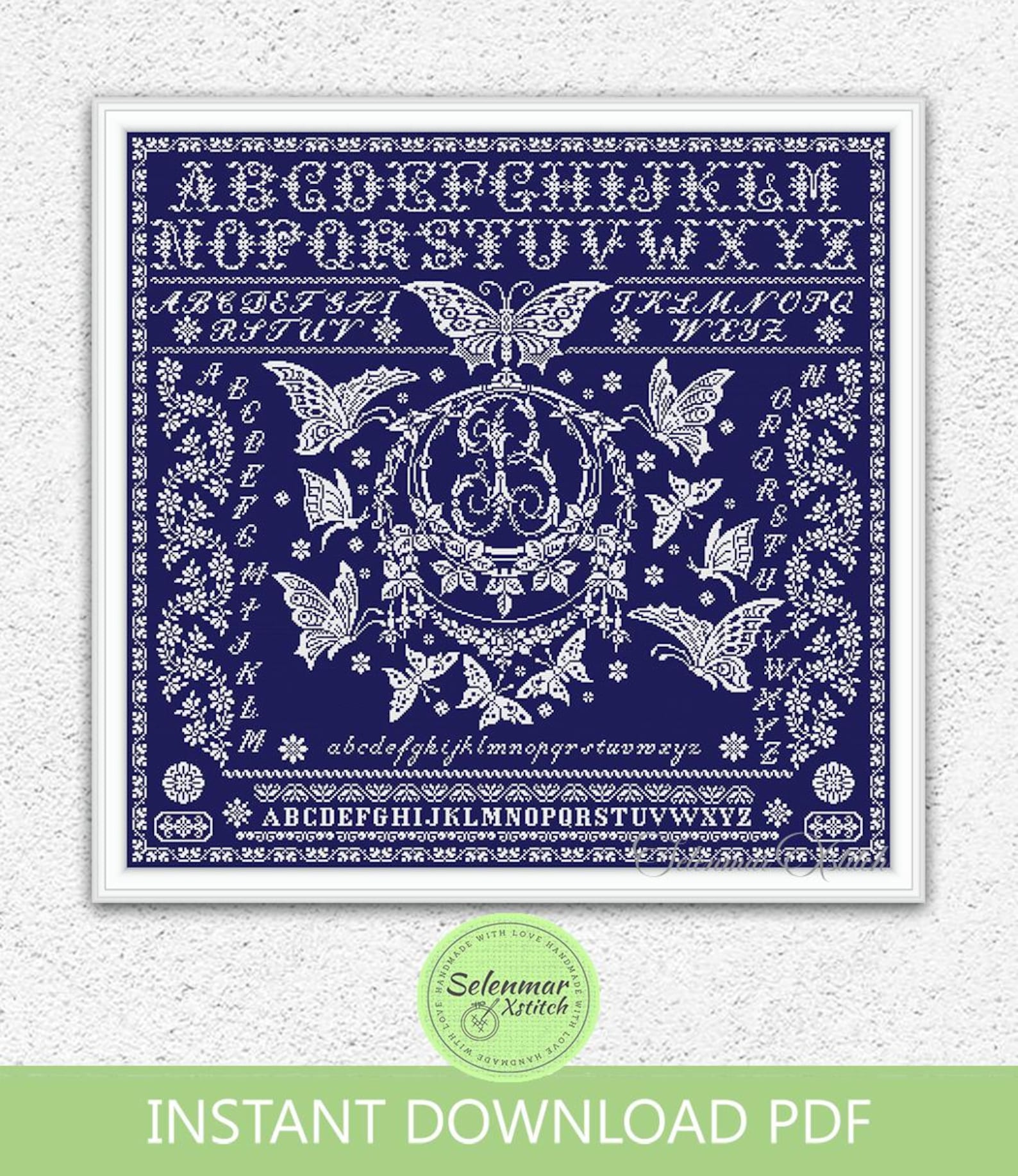 Butterflies Quaker Sampler Cross Stitch Pattern Monochrome Floral ...