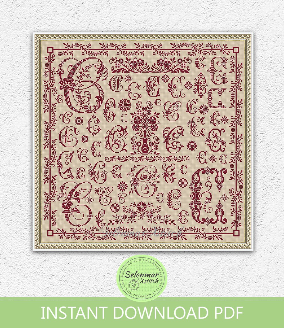 Monochrome Letter C Sampler Cross Stitch Pattern Floral Alphabet ...