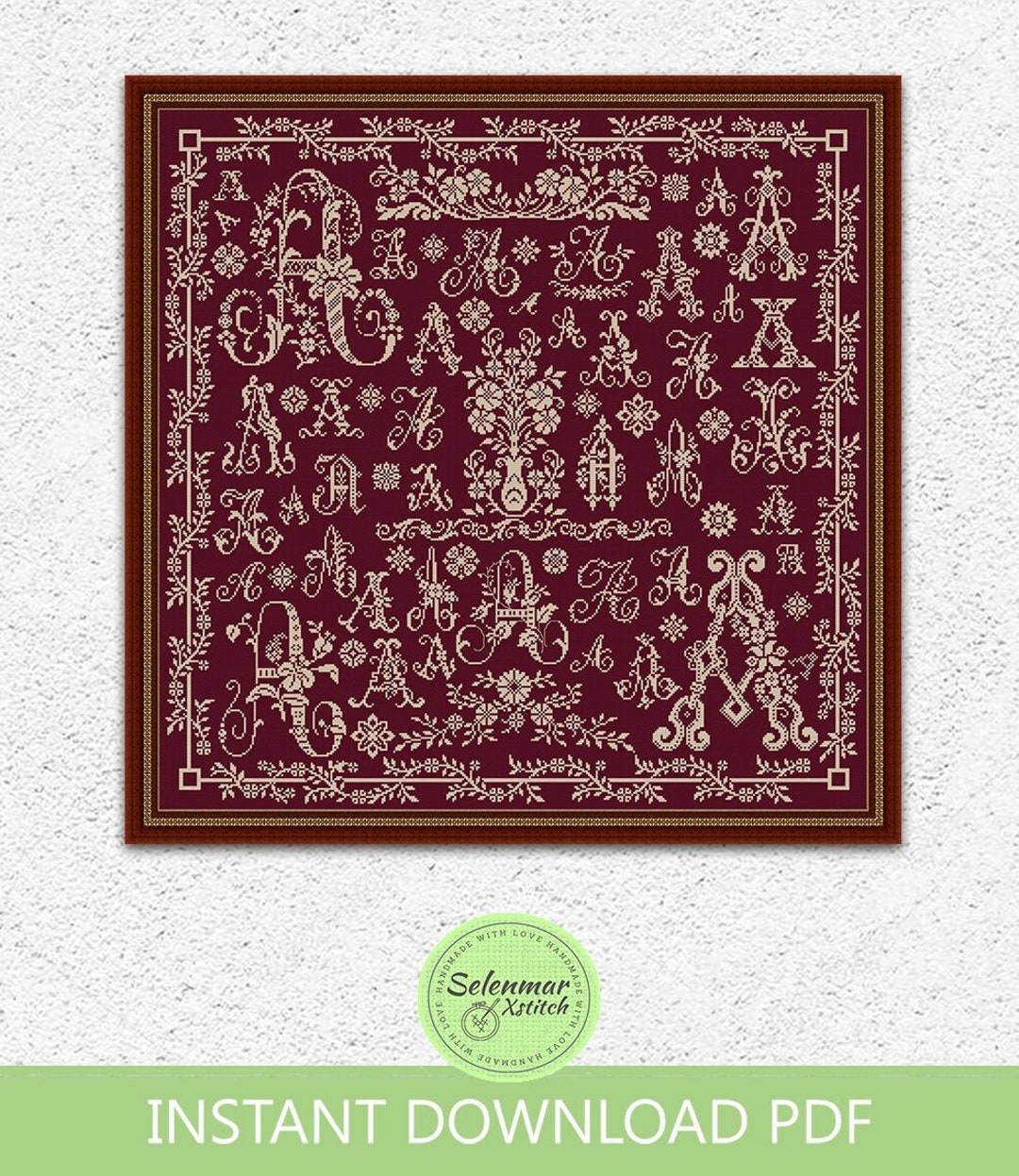 Floral Letter A Sampler Cross Stitch Pattern Monochrome Cross Stitch ...