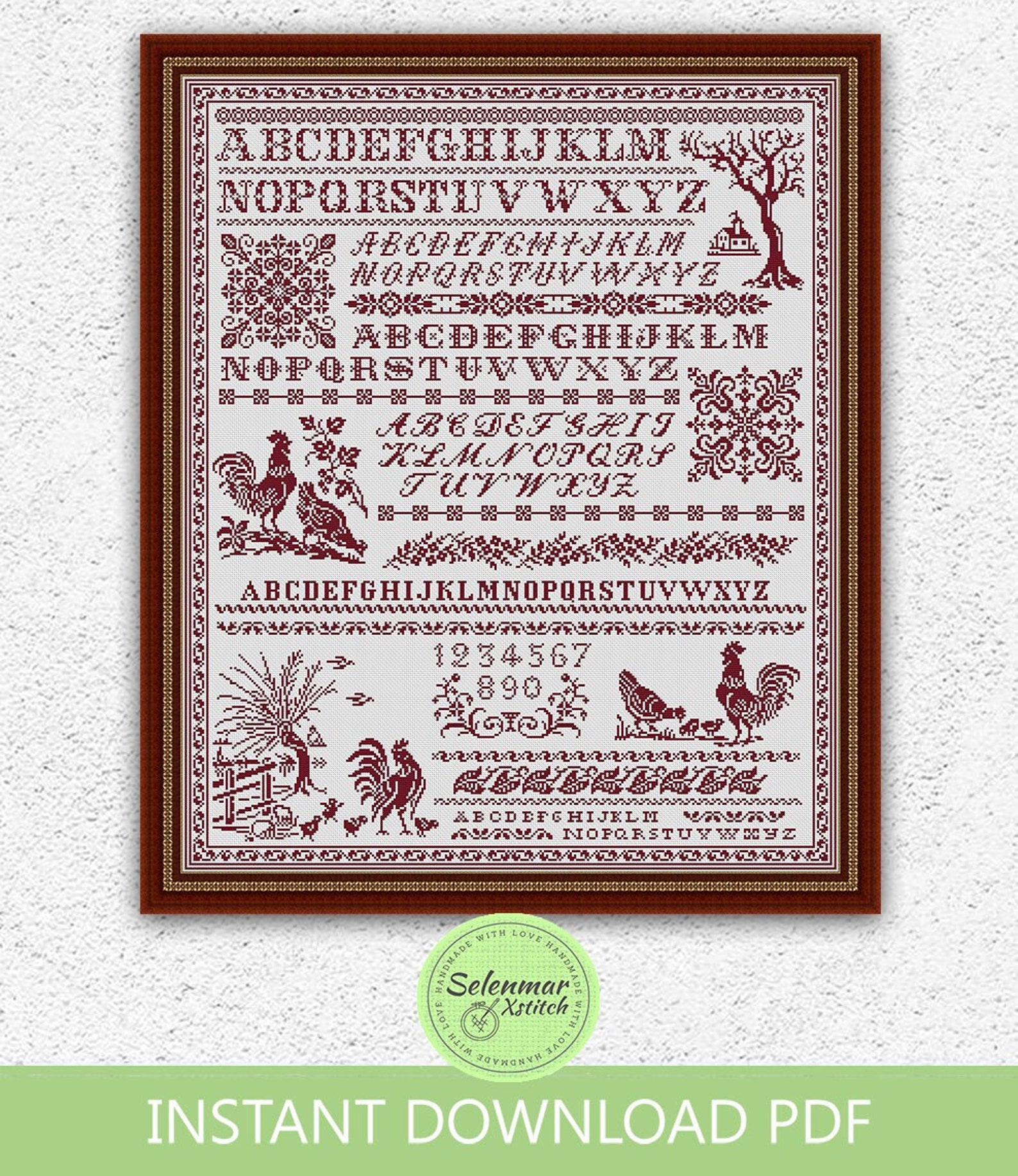 Country Quaker Sampler Cross Stitch Pattern Rooster Chicken Monochrome ...