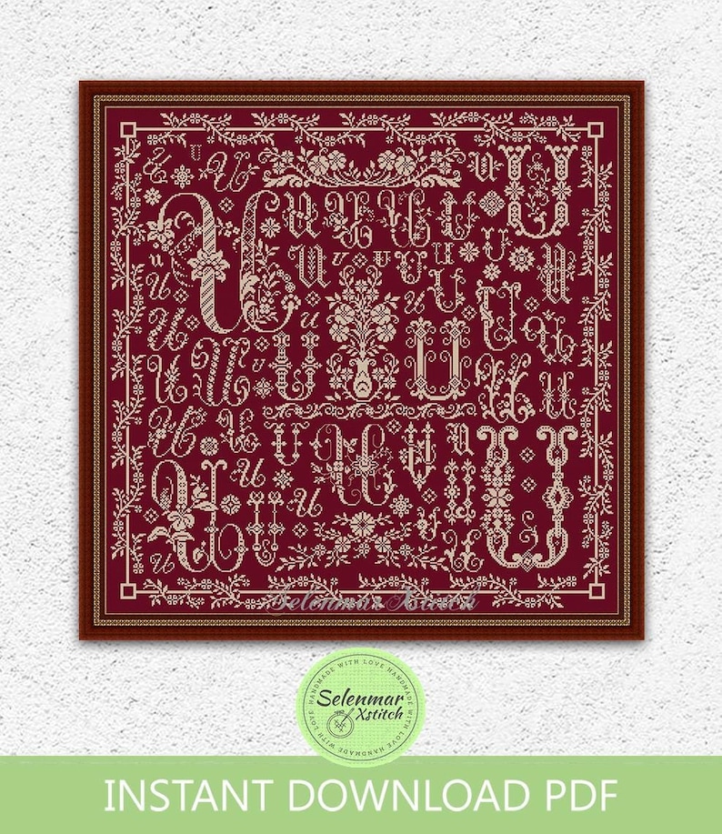 Monochrome Letter U Sampler Counted Cross Stitch Pattern Floral Initial ...