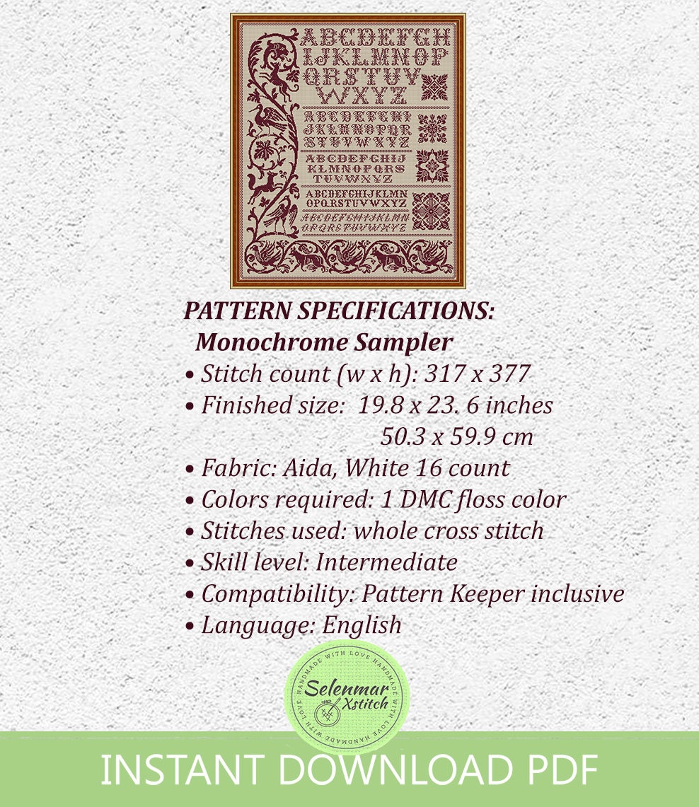 Monochrome Quaker Sampler Counted Cross Stitch Pattern Fox Birds Grape ...