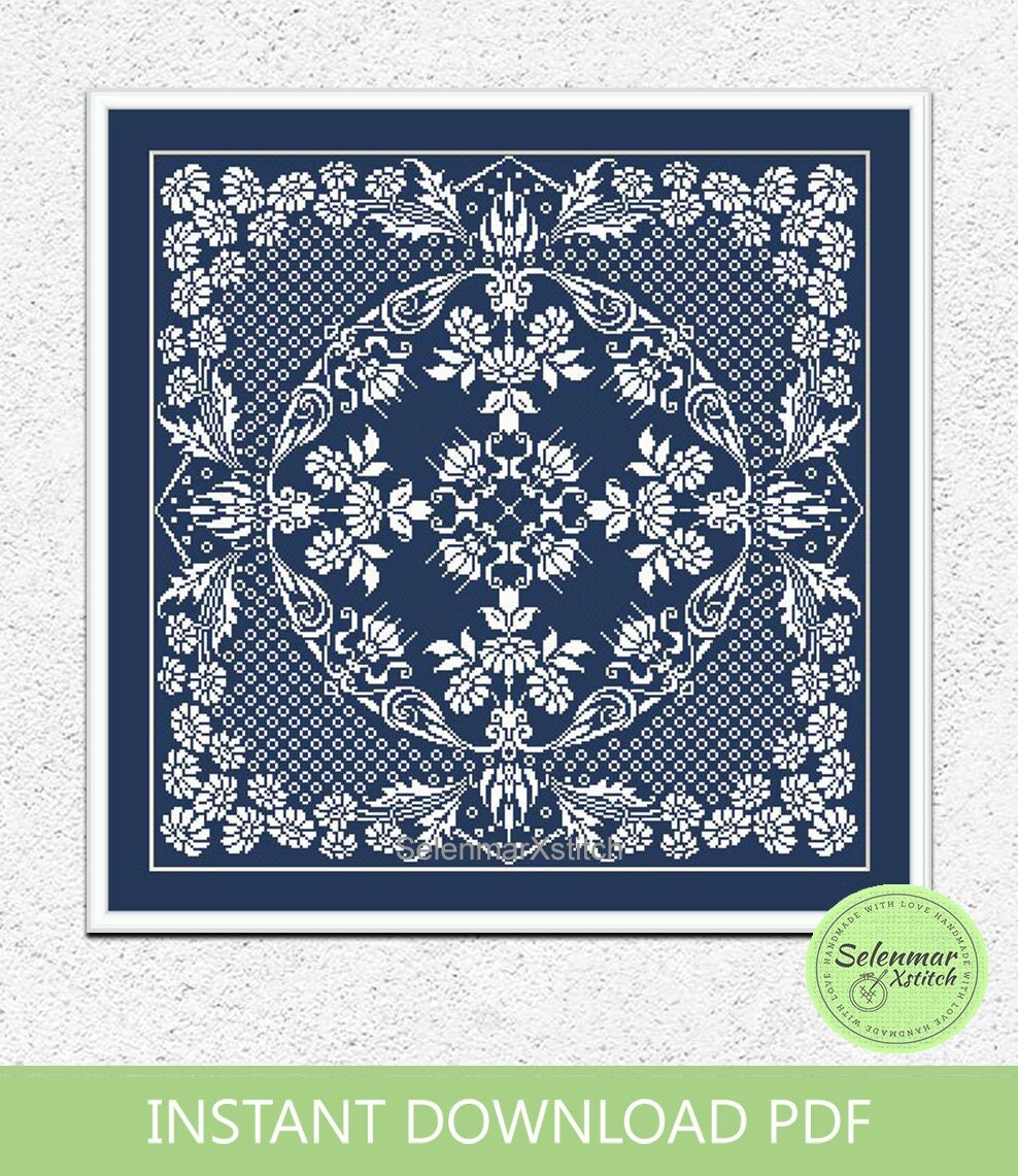 Floral Monochrome Cross Stitch Pattern Flowers Square Embroidery Design ...