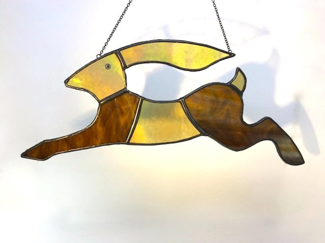 Large Golden Stained Glass Running Hare Suncatcher, Wall Decoration ...