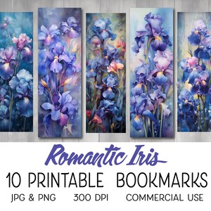 10 Romantic Iris Printable Bookmarks, Digital Download Bookmark Pages, Book Lover Gift Bookmark ...