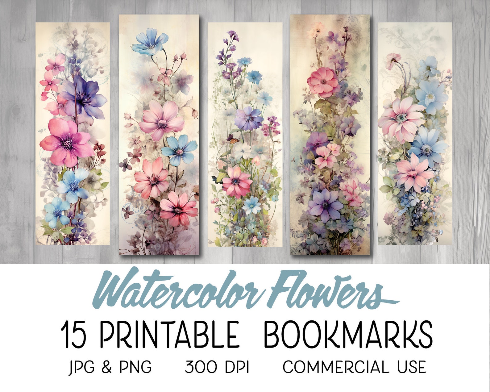 15 Watercolor Flowers Printable Bookmarks, Digital Download Bookmark ...
