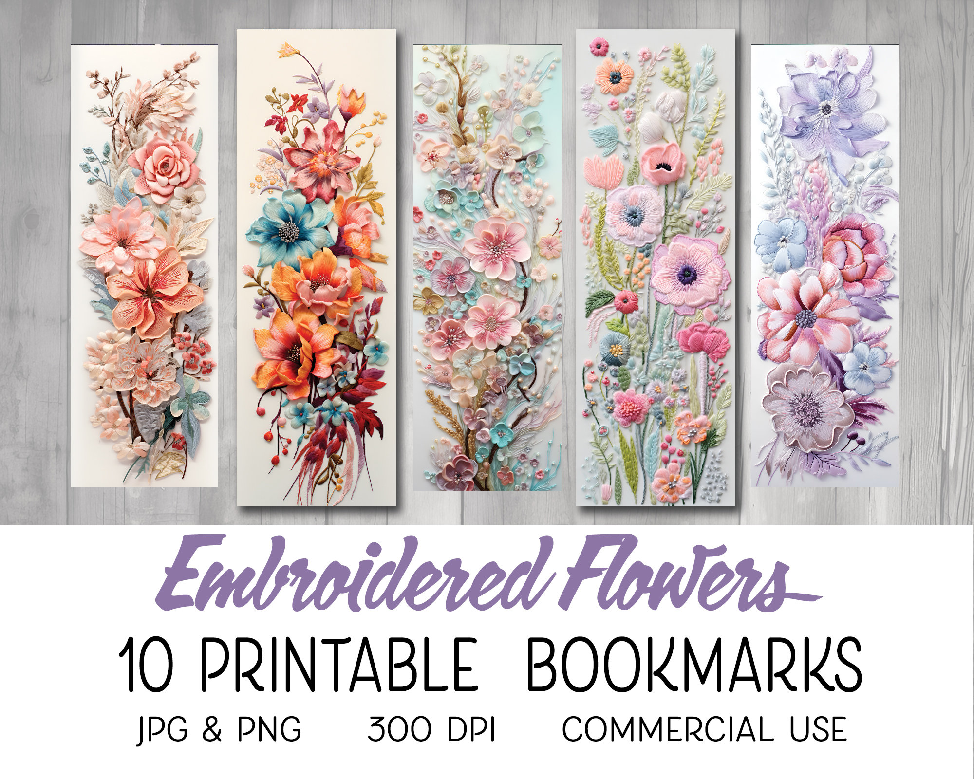 10 Embroidered Flower Printable Bookmarks, Digital Download Bookmark ...