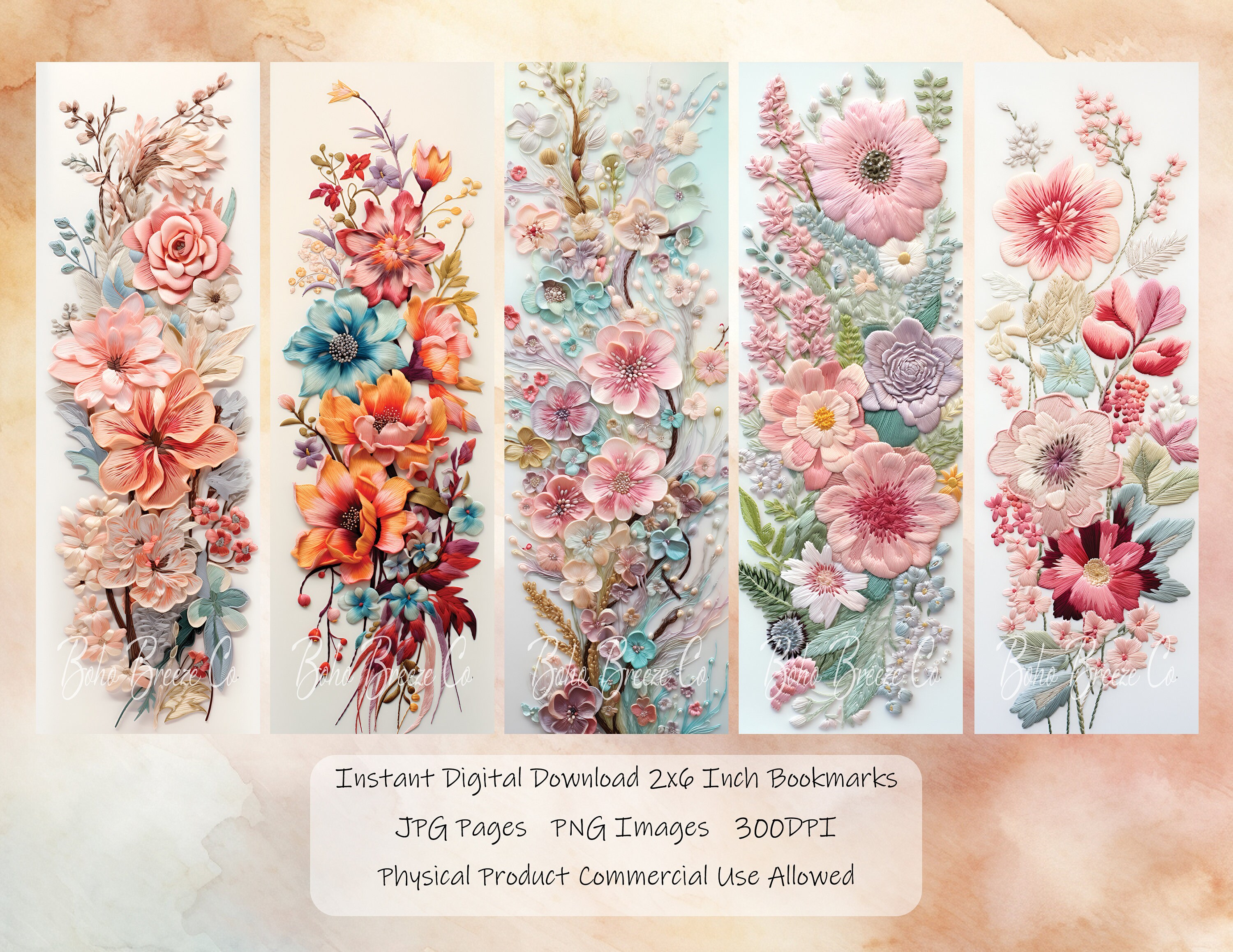 10 Embroidered Flower Printable Bookmarks, Digital Download Bookmark ...