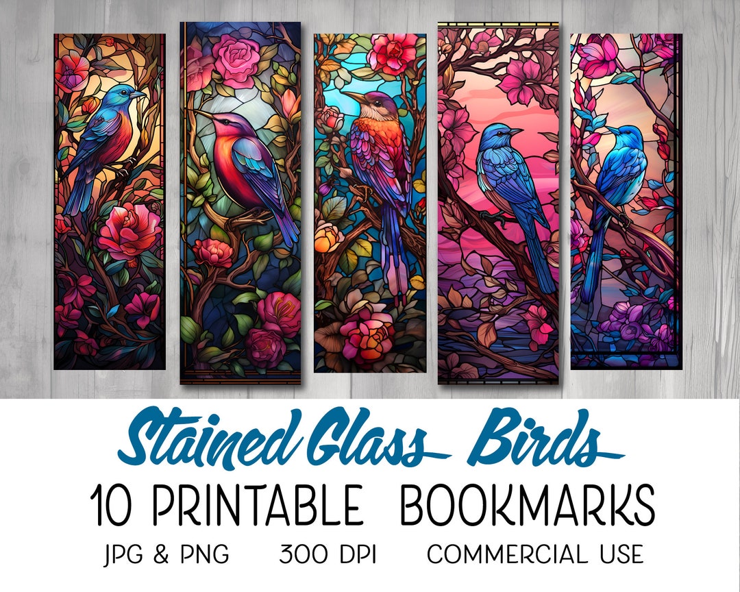 10 Stained Glass Birds Printable Bookmarks, Digital Download Bookmark ...