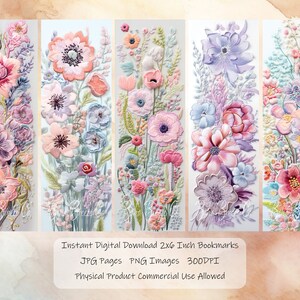 10 Embroidered Flower Printable Bookmarks, Digital Download Bookmark ...