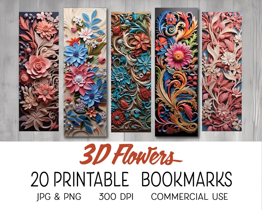 20 3D Floral Printable Bookmarks, Digital Download Bookmark Pages, Book ...