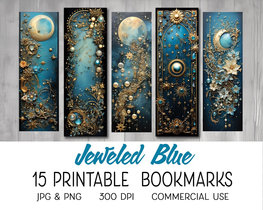 15 Jeweled Blue Printable Bookmarks, Digital Download Bookmark Pages ...